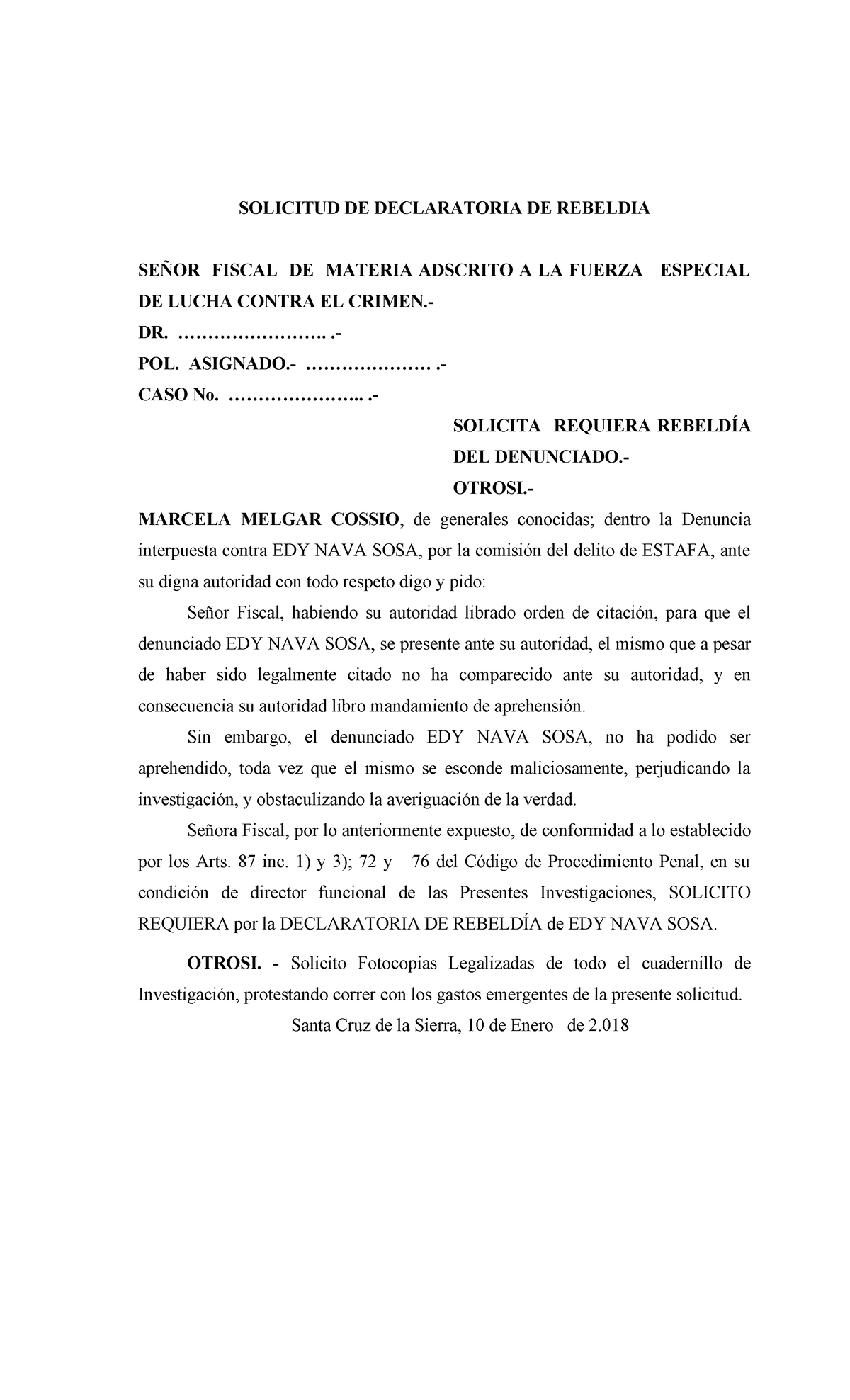 Solicitud de Declaratoria de Rebeldía - Caso Edy Nava Sosa - Studocu