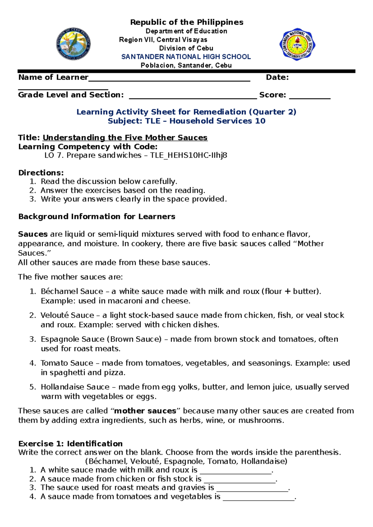 TLE 10: Understanding the Five Mother Sauces - Lecture Notes - Studocu