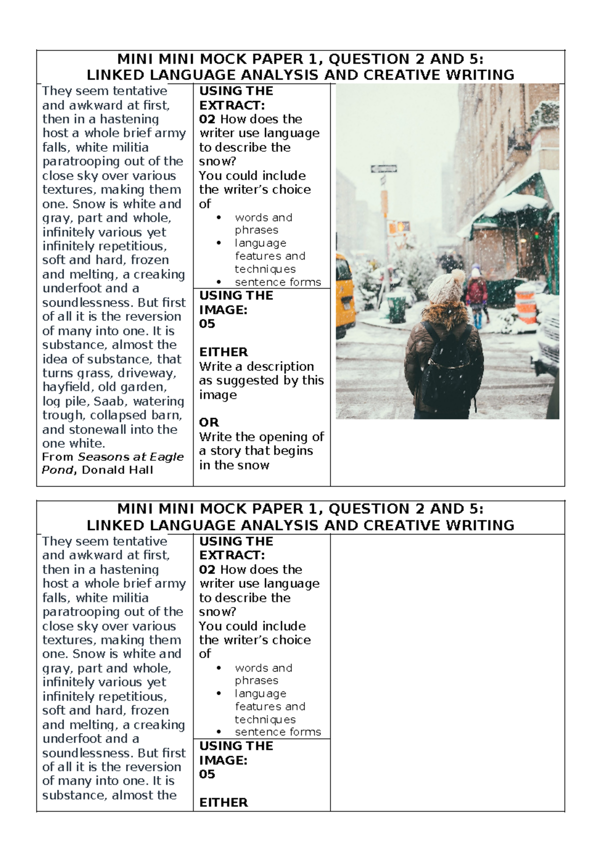 Mini Mini Mock Paper 1: Language Analysis & Creative Writing Q2 & Q5 ...