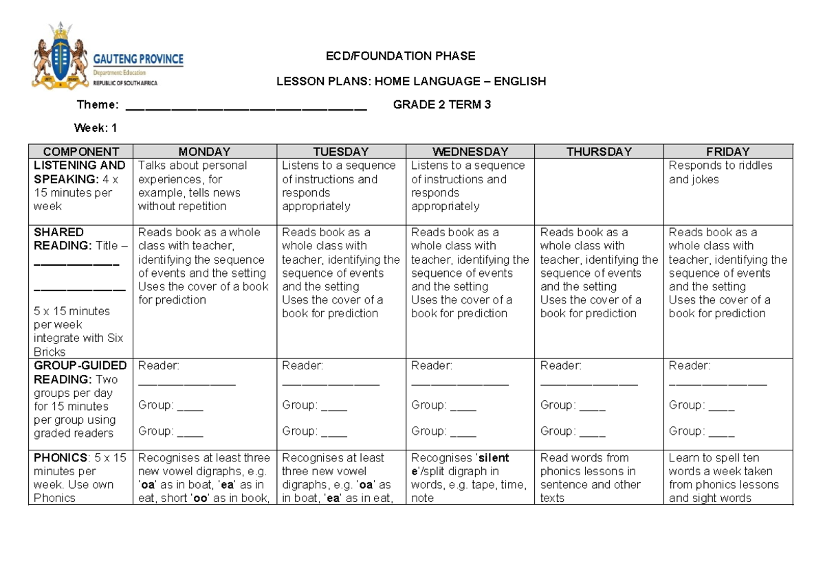 EHL Grade 2 Term 3 Lesson Plans: Home Language English - Studocu