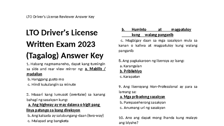 LTO License Written Exam 2023: Tagalog Answer Key Review - Studocu
