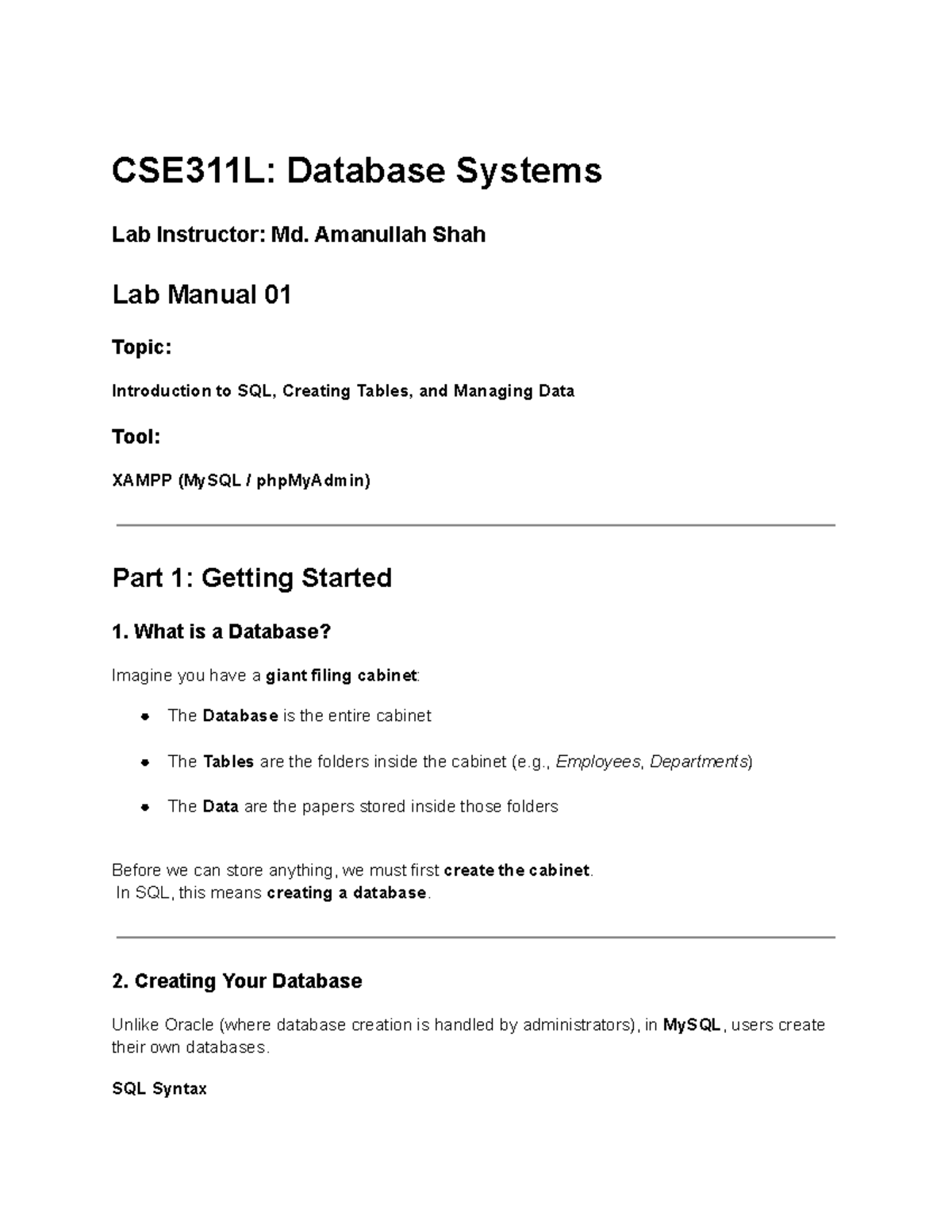 CSE311L: Database Systems Lab Manual 01 - Intro to SQL & Data ...