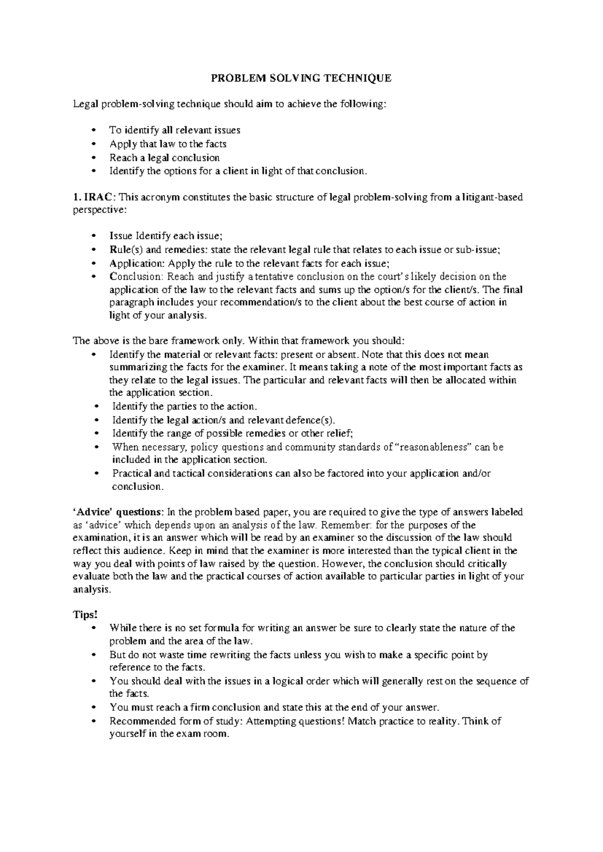 Legal Problem Solving Techniques: IRAC Framework Overview - Studocu