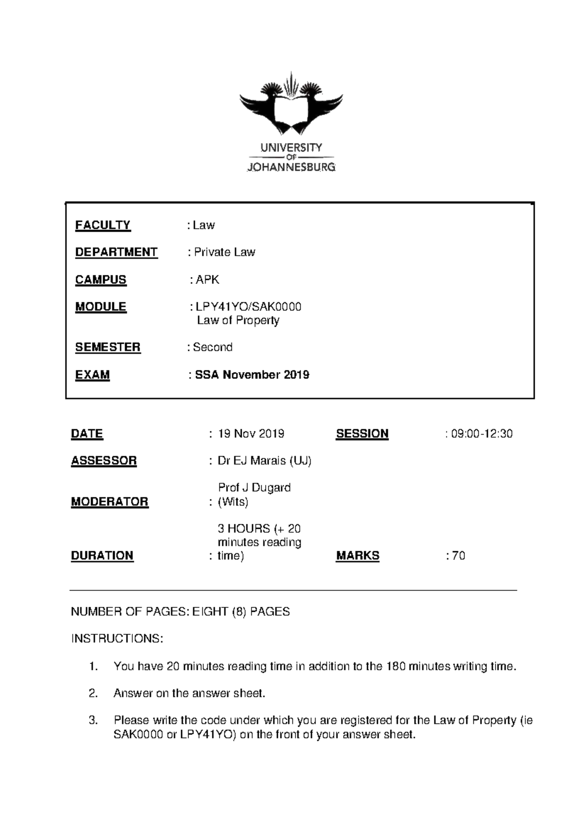 Law of Property SSA Exam Paper - November 2019 - Studocu