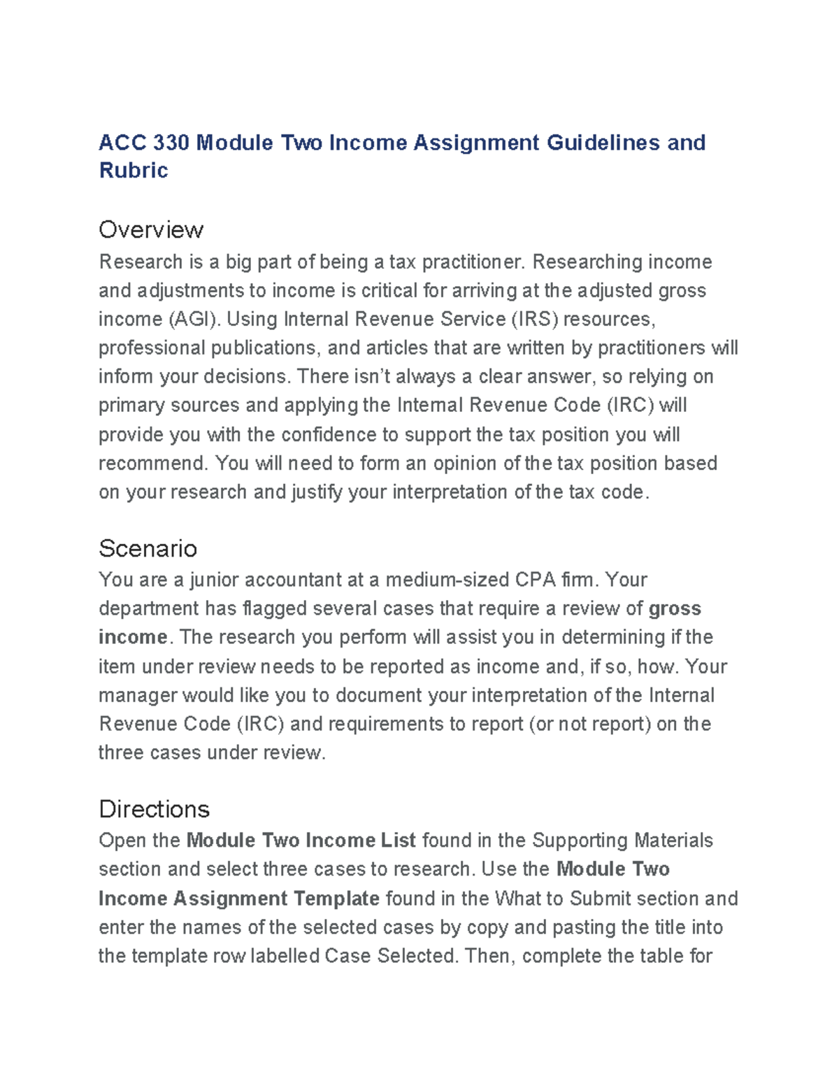 ACC 330 Module Two Income Assignment Guidelines & Rubric Explanation ...