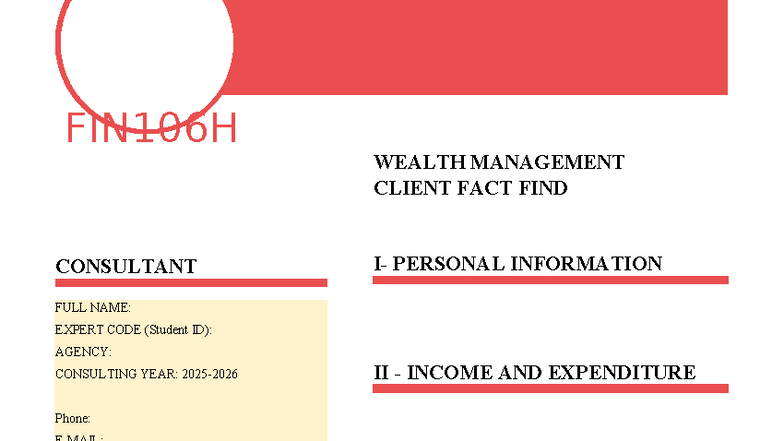 FIN106H Wealth Management Client Fact Find Report - Studocu
