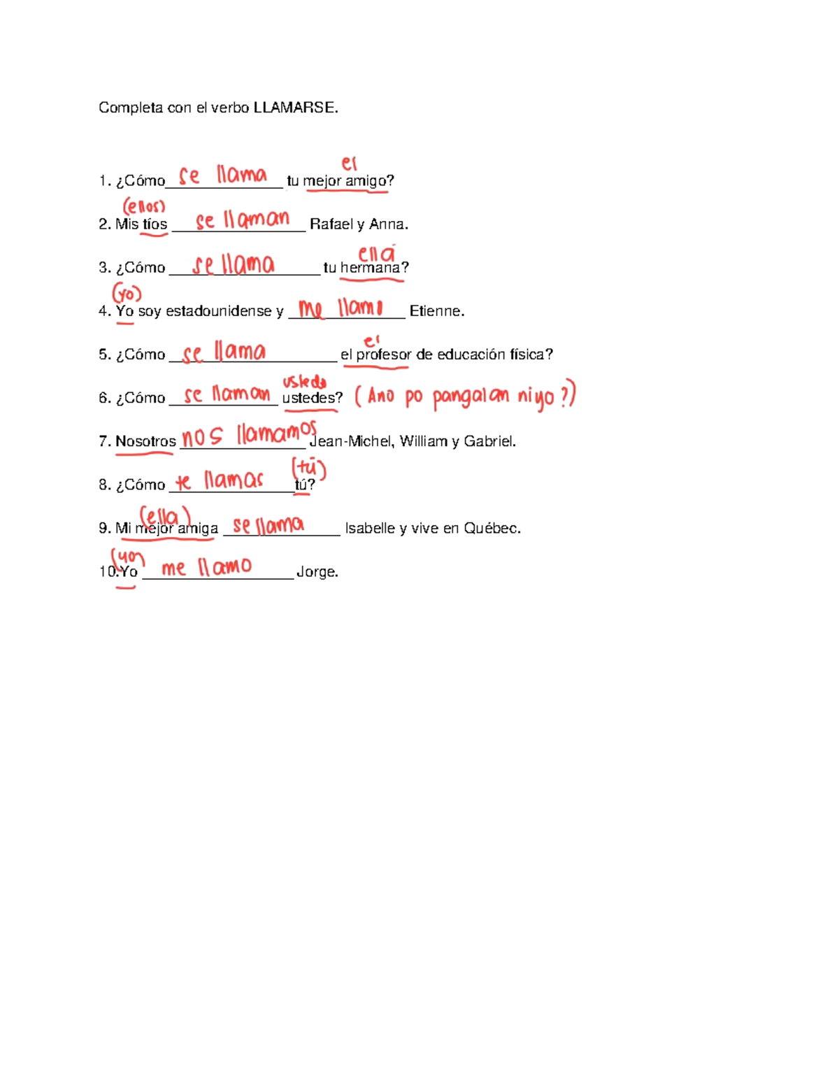 Ejercicio Llamarse - SJKAKJ - Spanish - Completa con el verbo LLAMARSE ...