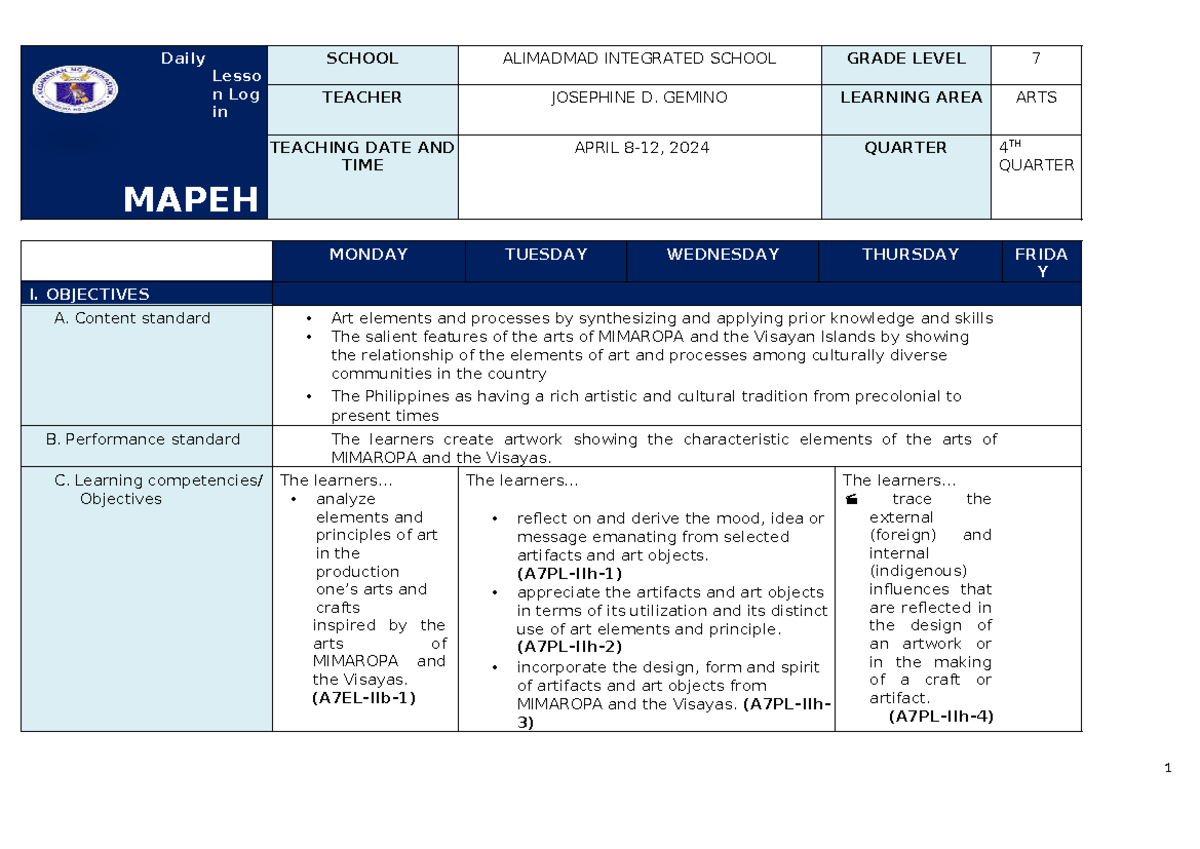 Q2 Grade 7 MAPEH Arts Lesson Log for Week 1 by Josephine Gemino - Studocu