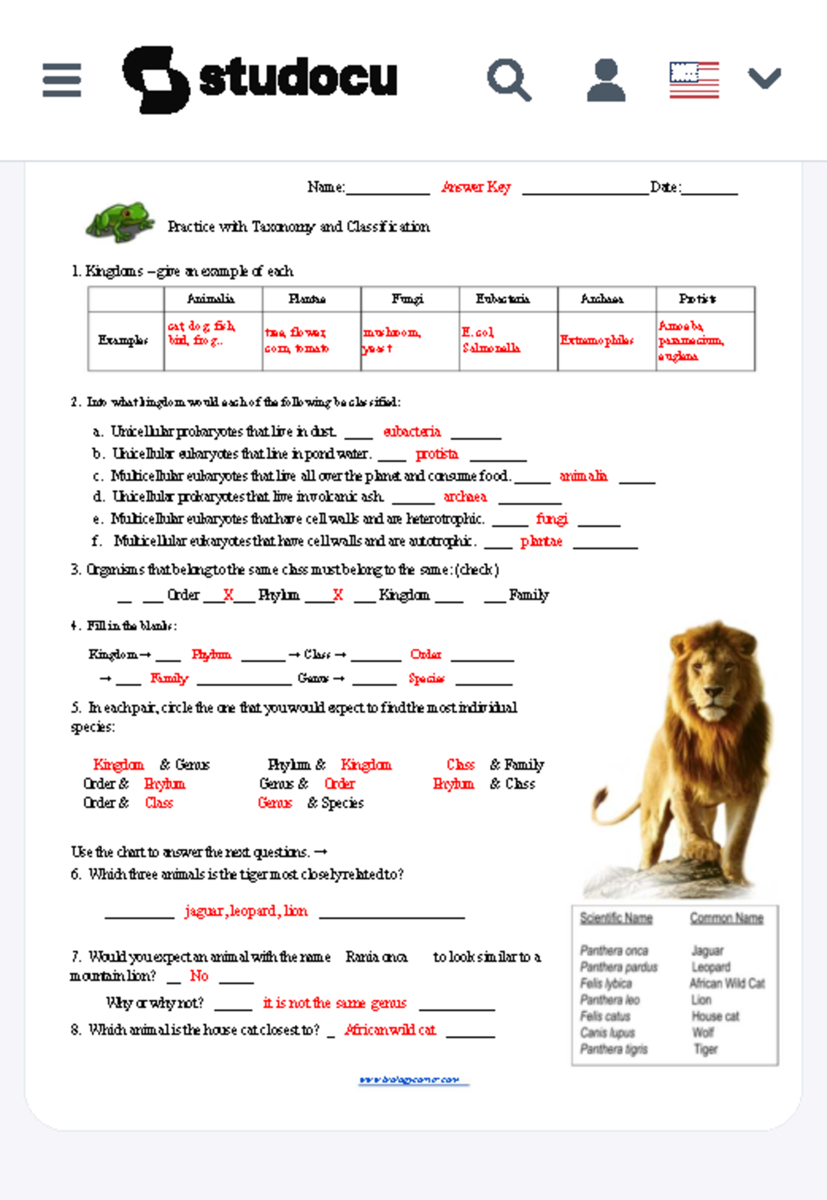 Taxonomy Practice Answer Key: Kingdoms & Classification Insights - Studocu
