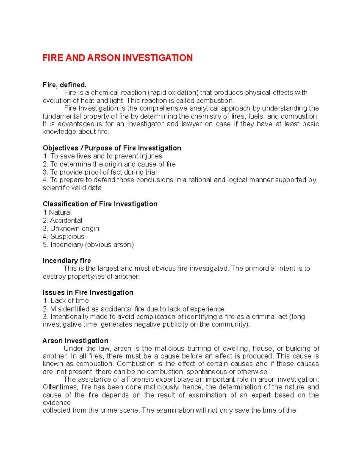 FIRE AND Arson Investigation - FIRE AND ARSON INVESTIGATION Fire ...