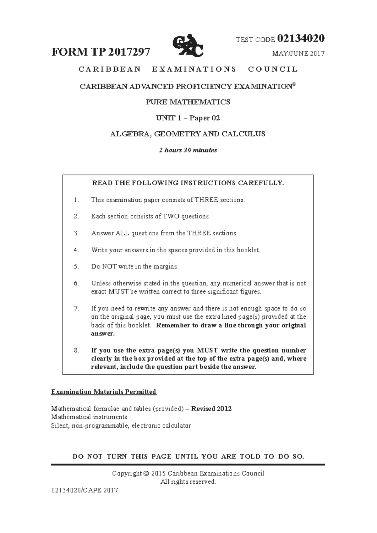 CAPE Pure Mathematics Unit 1 Paper 02 Exam 2017 - Studocu