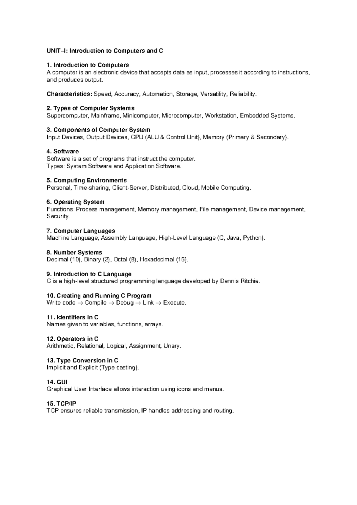 UNIT I: Intro to Computers & C Programming Overview - Studocu