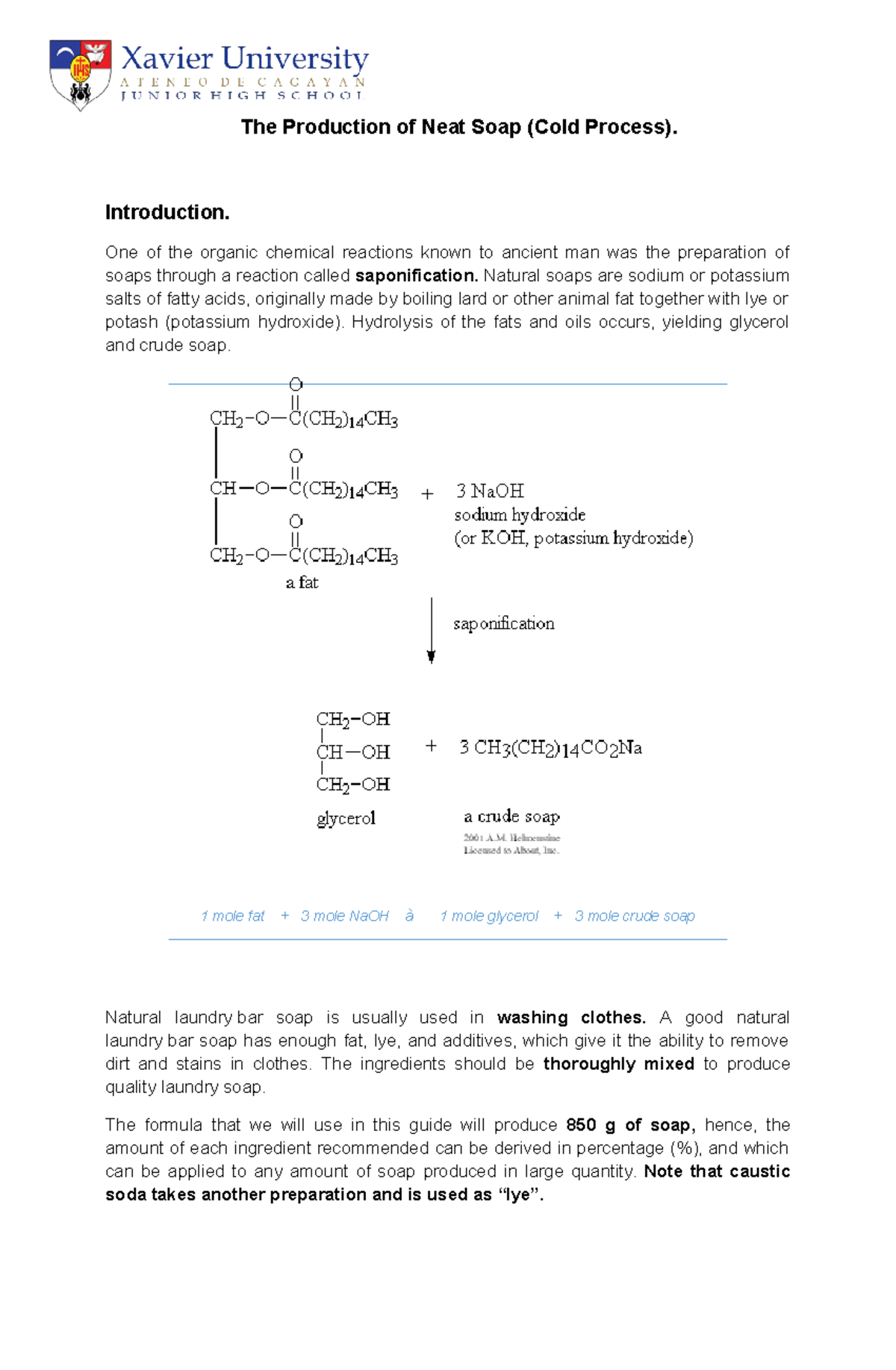 Chem 101: Cold Process Soap Making Lab Report - Studocu