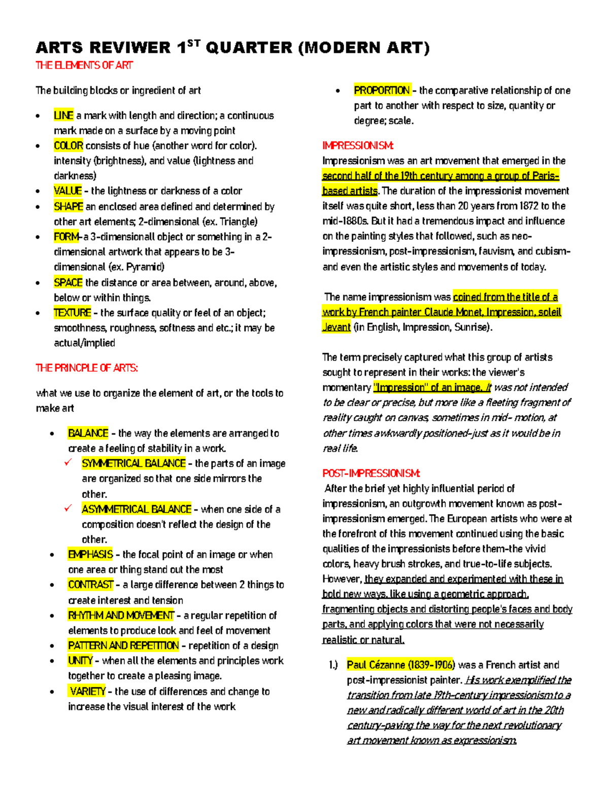 Arts 10 Reviewer: 1st Quarter Insights on Modern Art Movements - Studocu