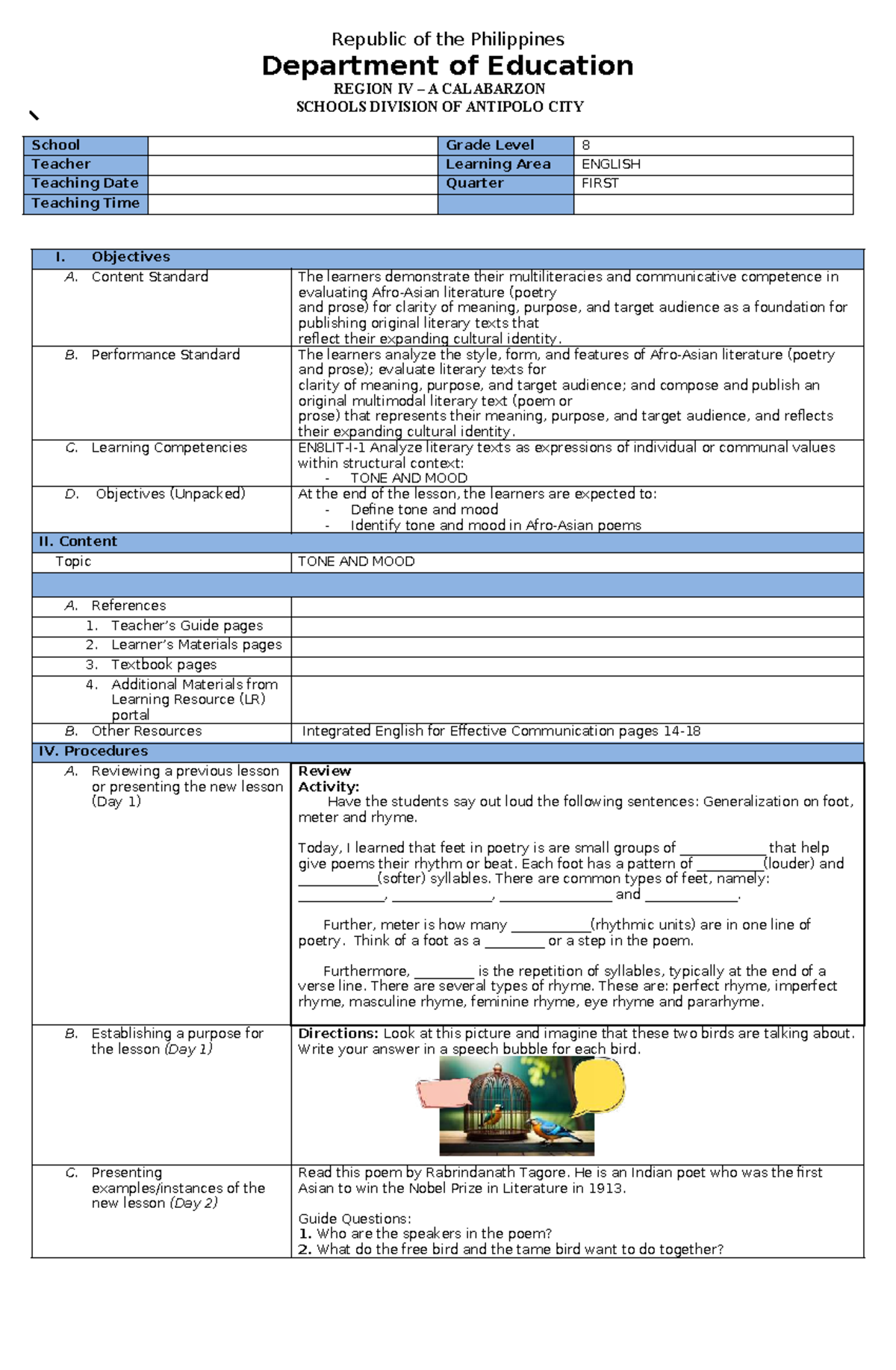 DLL: Tone and Mood Lesson Plan for 8th Grade English - Studocu