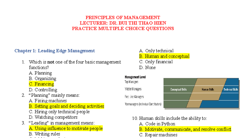 PRINCIPLES OF MANAGEMENT MCQs (Chapters 1-4) - Practice Questions - Studocu
