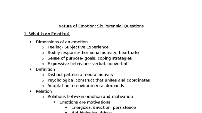 Nature of Emotion: An Exploration of Six Key Questions - Studocu