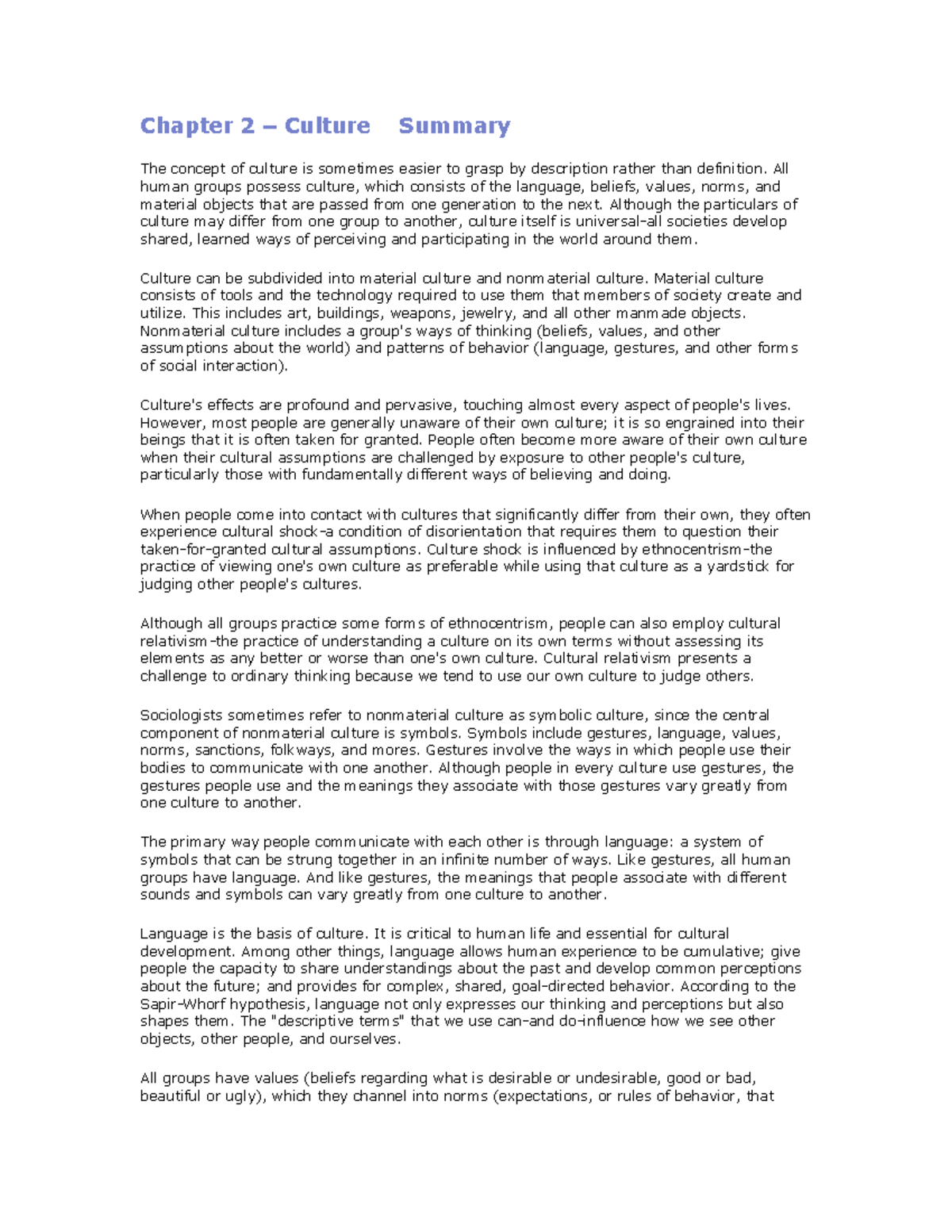 Chapter 2 - Culture - Unit 2 - Chapter 2 – Culture Summary The concept ...