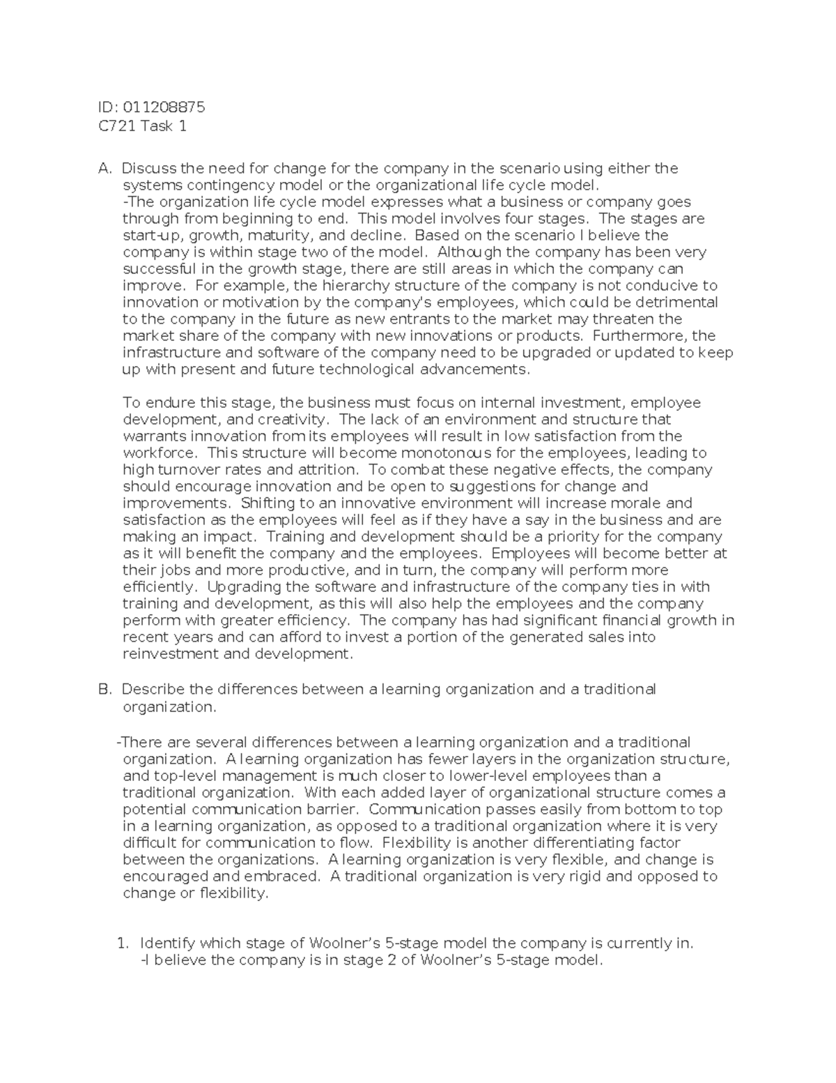 C721 Task 1: Analyzing Organizational Change Using Life Cycle Models ...