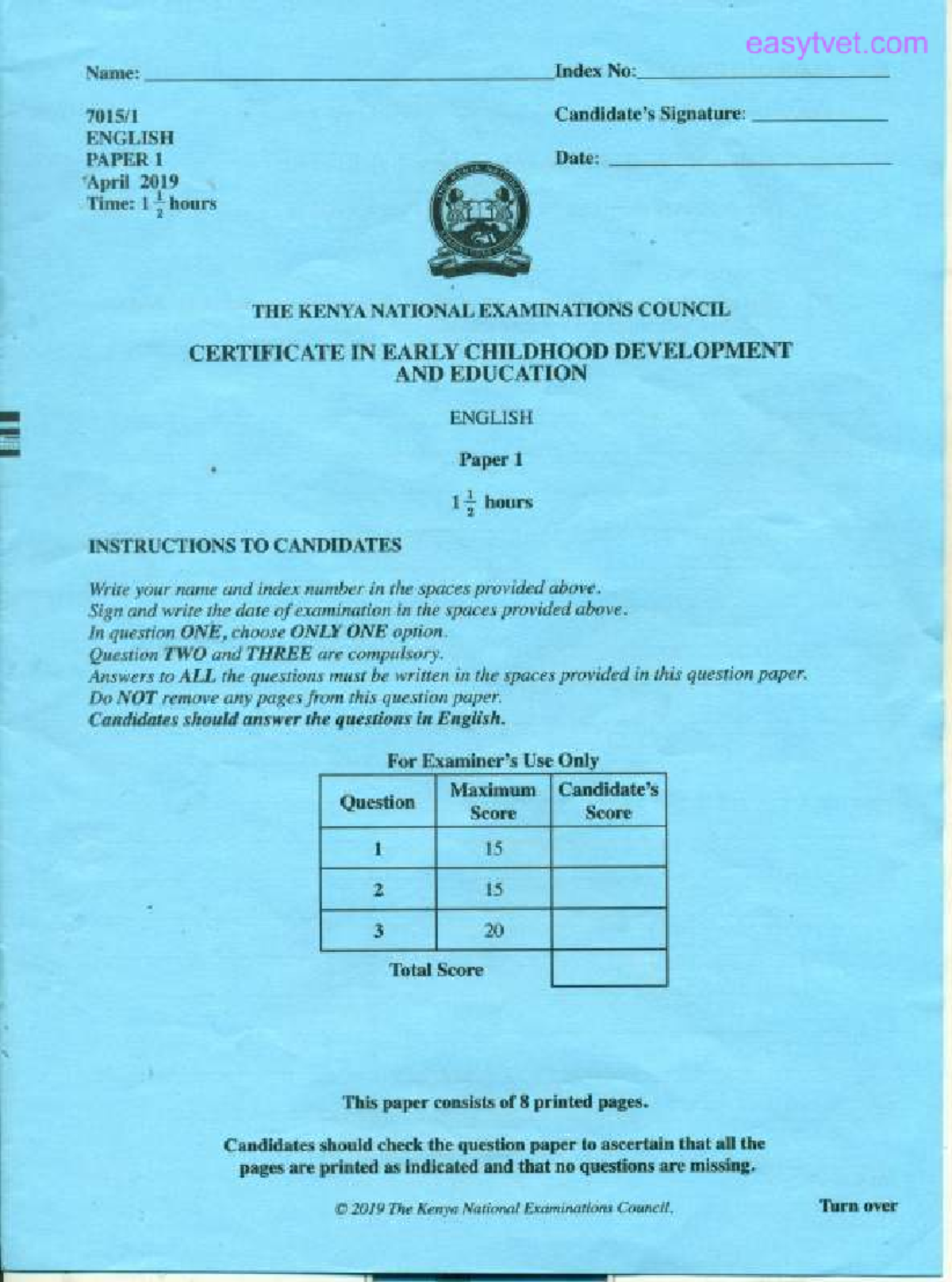 ENGLISH PAPER 1 (ECD 2019) - KNEC Exam Instructions & Questions - Studocu
