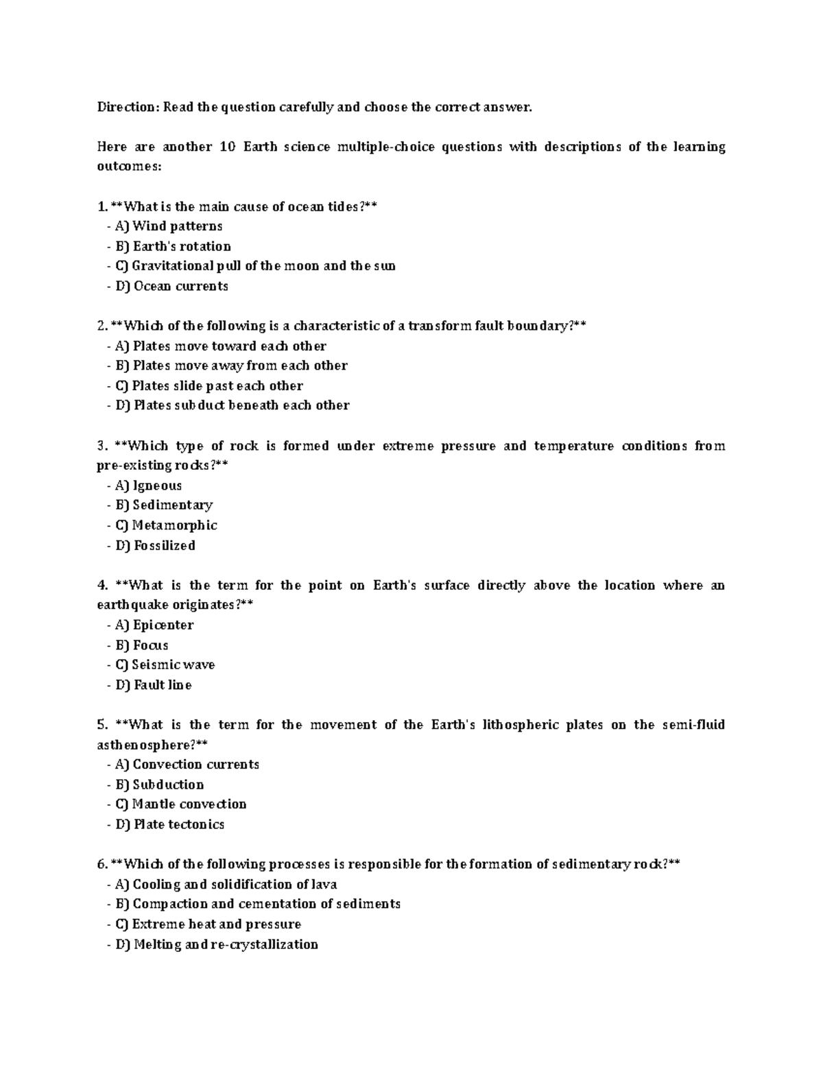 EE56 - Earth Science Quiz: Key Concepts and Learning Outcomes - Studocu