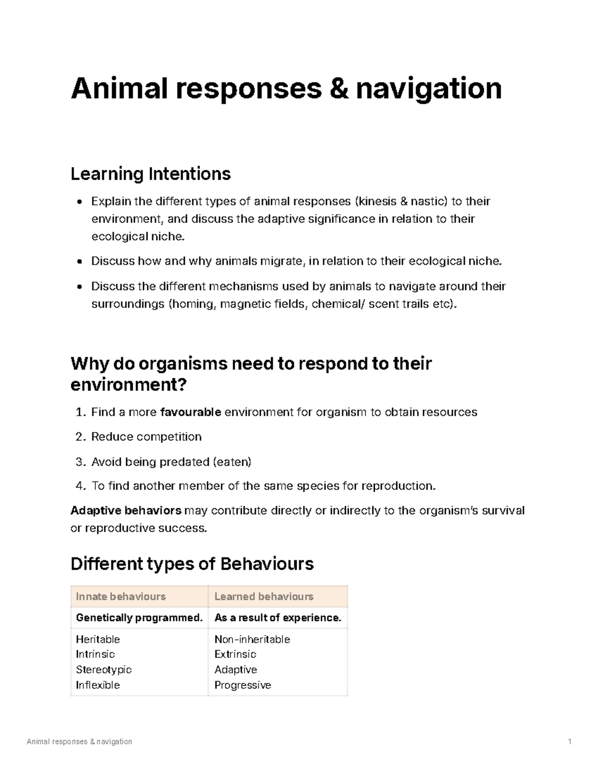 Animal Responses & Navigation: Types, Migration & Mechanisms - Studocu