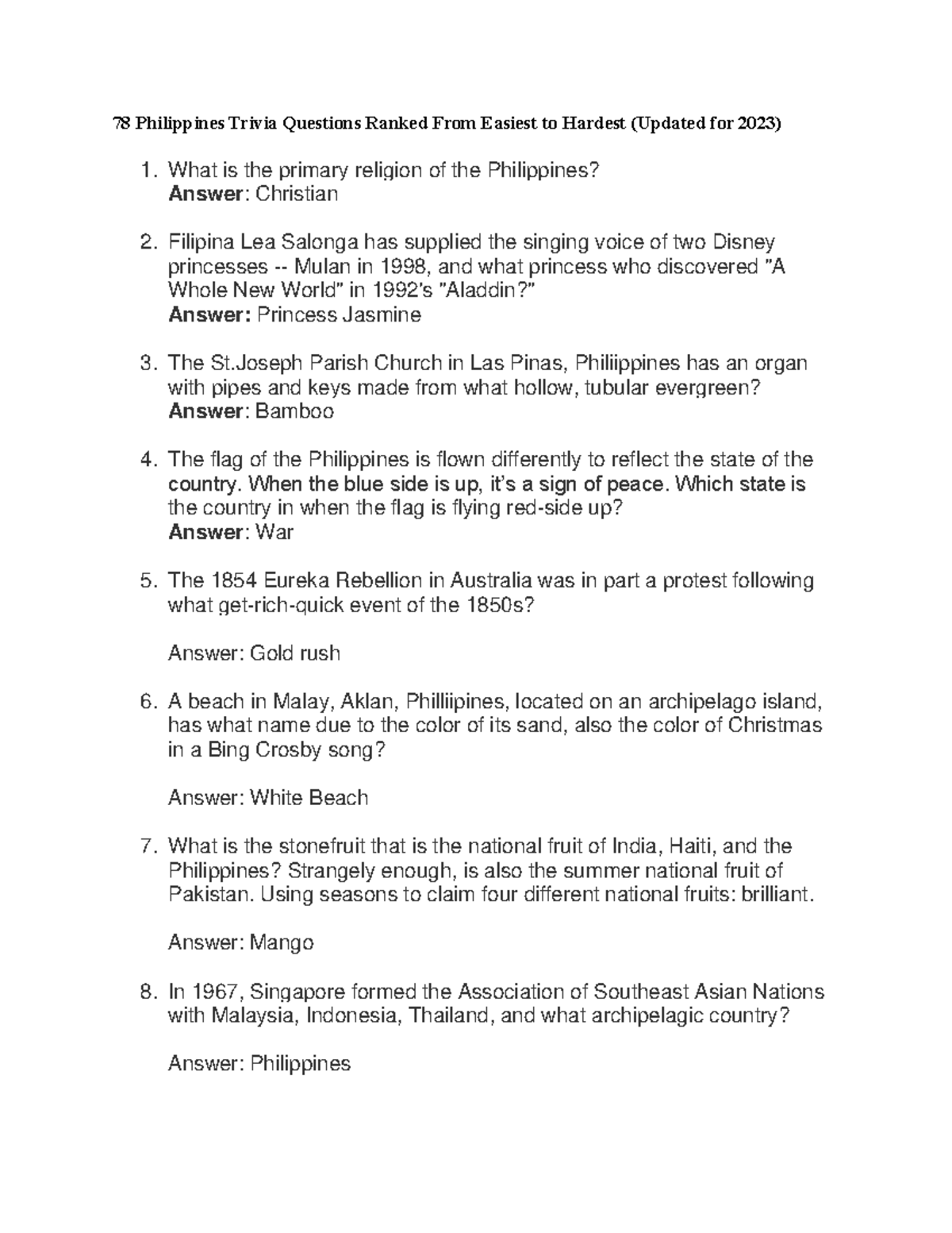 Philippines Trivia: 78 Questions from Easy to Hard (Updated 2023) - Studocu