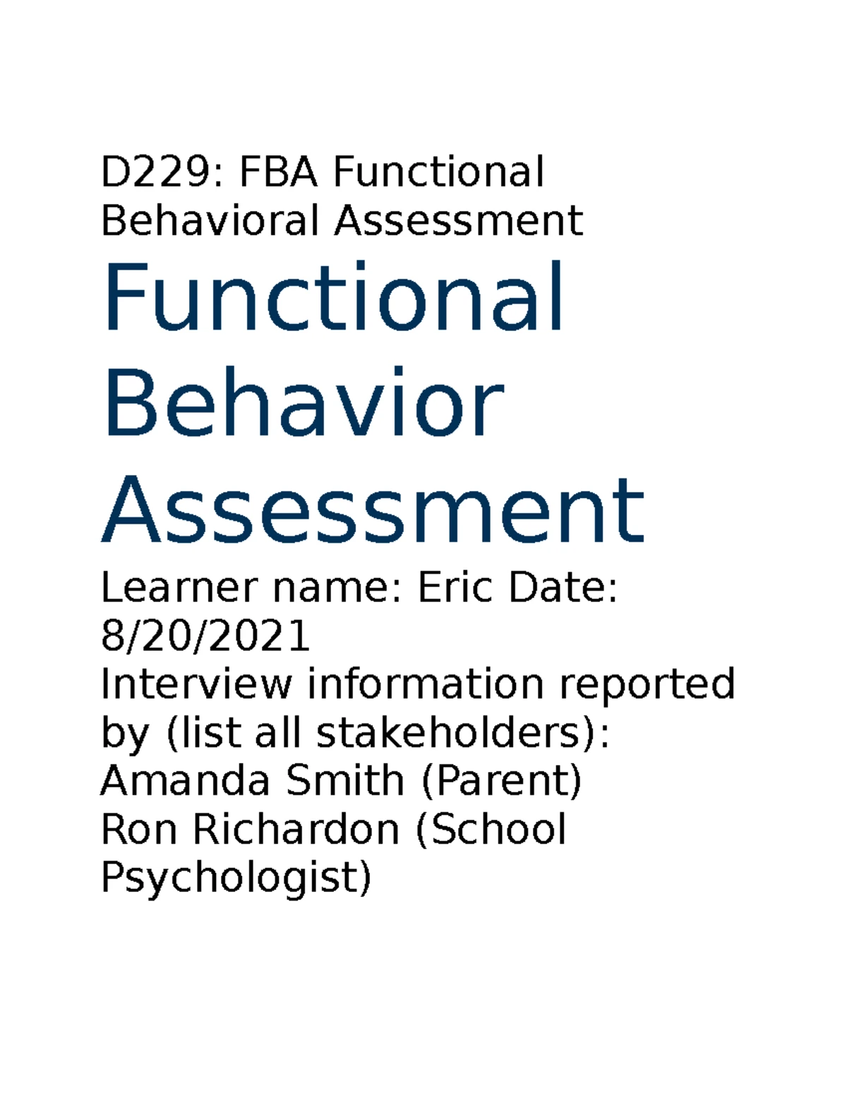 D299 Task 1 - Functional Behavior Assessment & Improvement Plan - Studocu