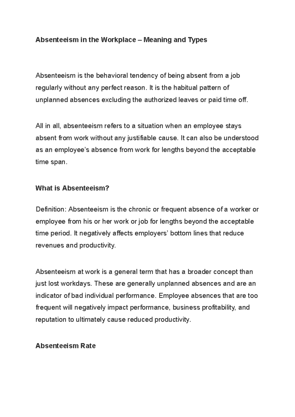 Understanding Absenteeism in the Workplace: Causes & Impacts - Studocu