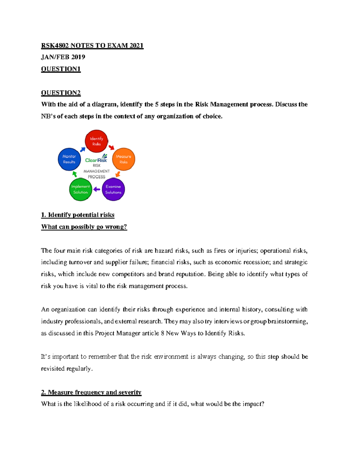 RSK4802 - 2021 Exam Notes: Risk Management Process & Analysis - Studocu