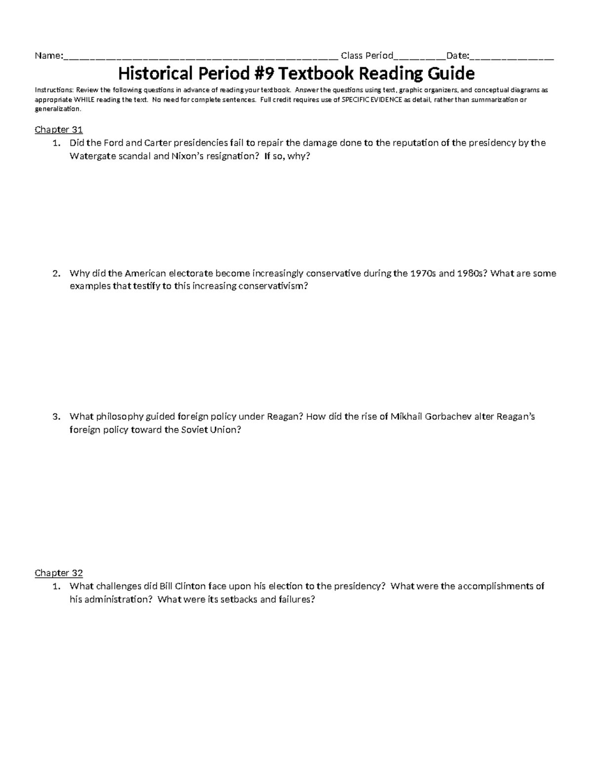 Historical Period 9: Reading Guide for Unfinished Nation Textbook - Studocu