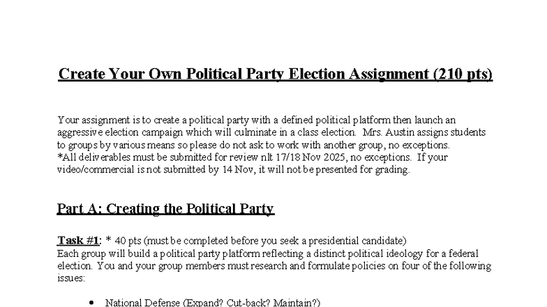 Creating a Political Party & Campaign Assignment (210 pts) - Studocu