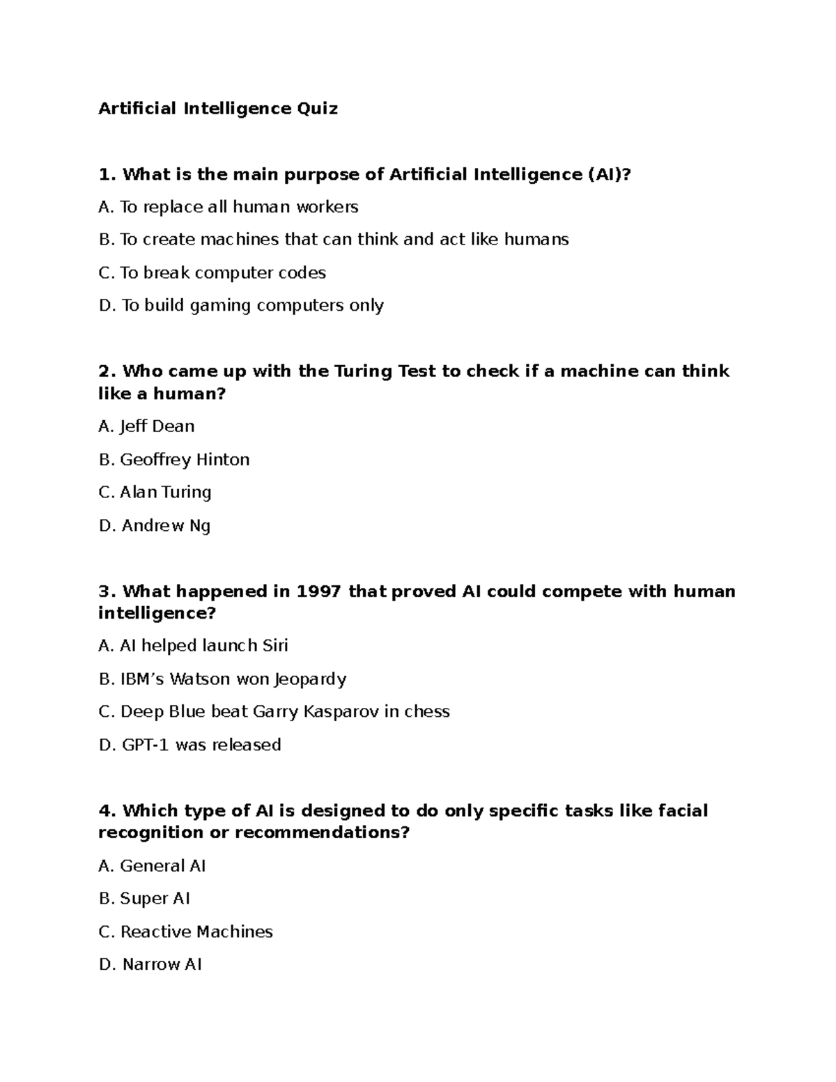 Artificial Intelligence Quiz 1: Key Concepts and Questions - Studocu