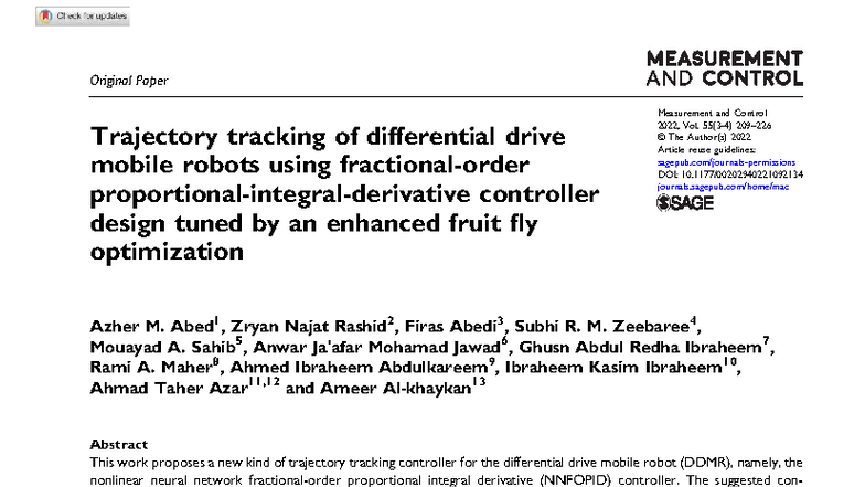 Trajectory Tracking of DDMR Using Enhanced FFO and NNFOPID Controller - Studocu