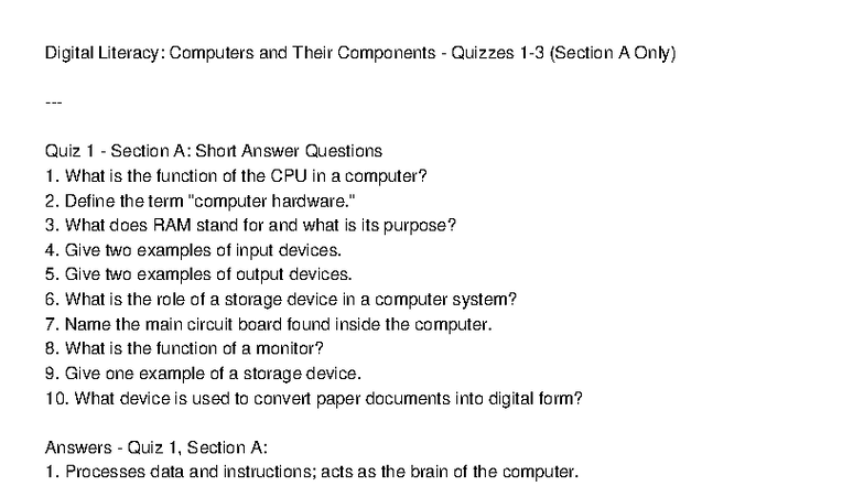 Digital Literacy: Computers & Components Quizzes (Section A) - Studocu