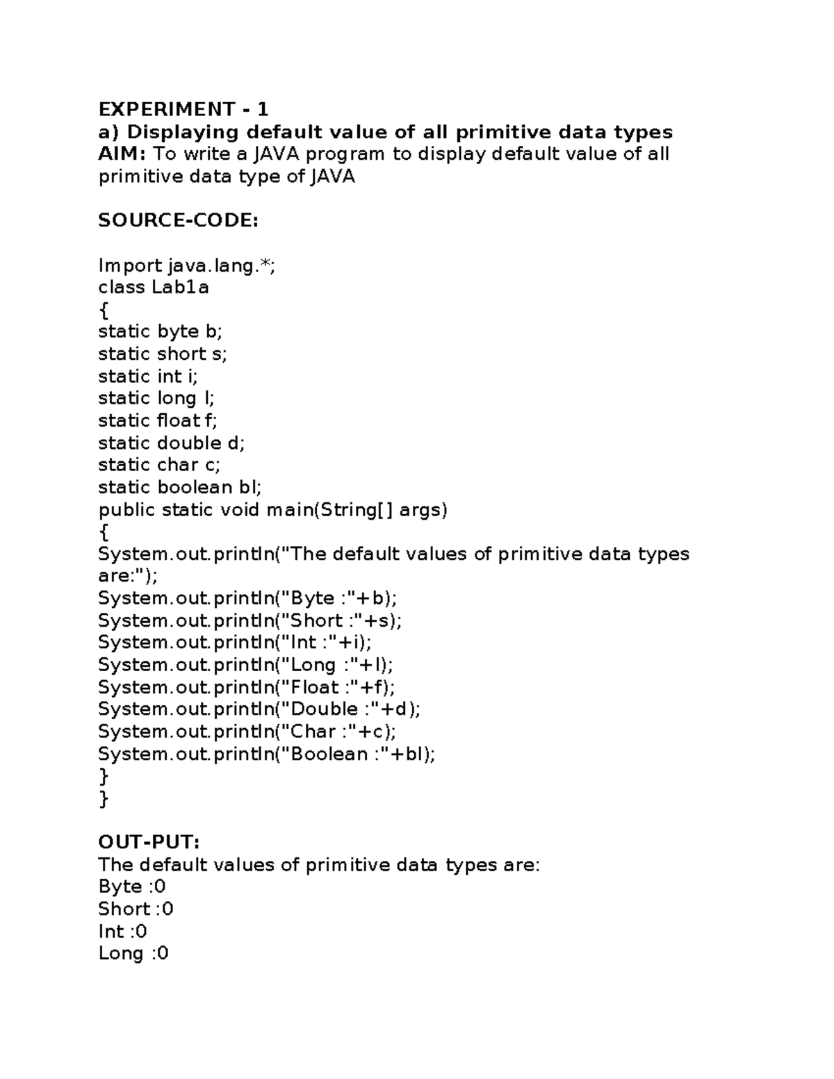 Java Lab 1: Default Values of Primitive Types & Quadratic Roots - Studocu