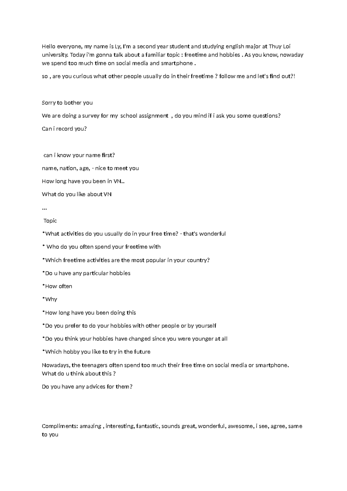 Tài-liệu-7 - Summary English - Hello everyone, my name is Ly, I'm a ...