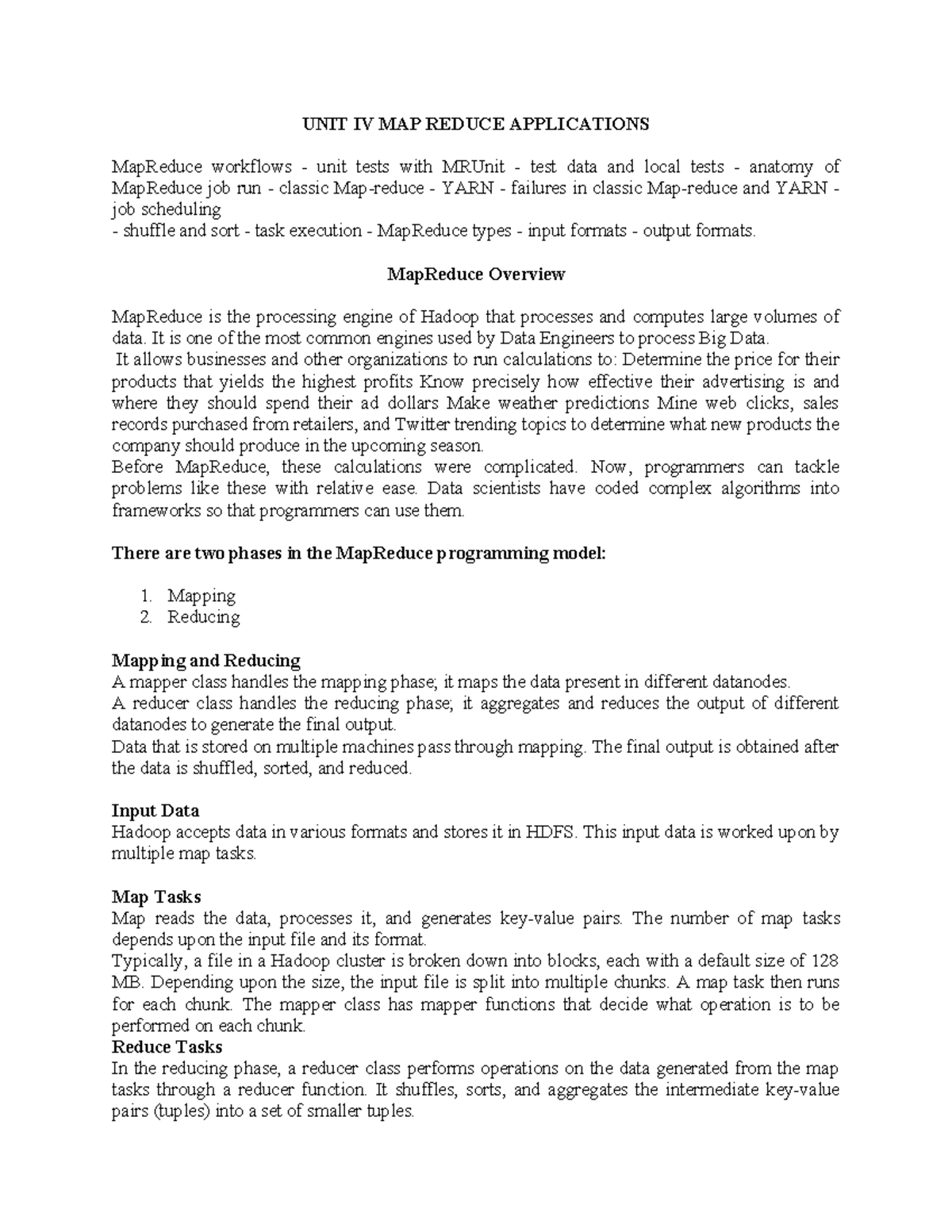 Unit 4 MapReduce Applications Overview and Workflows in Big Data - Studocu