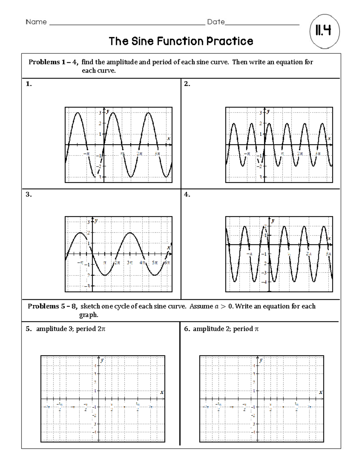 Sine Function Practice Problems 1-12: Amplitude & Period Analysis - Studocu