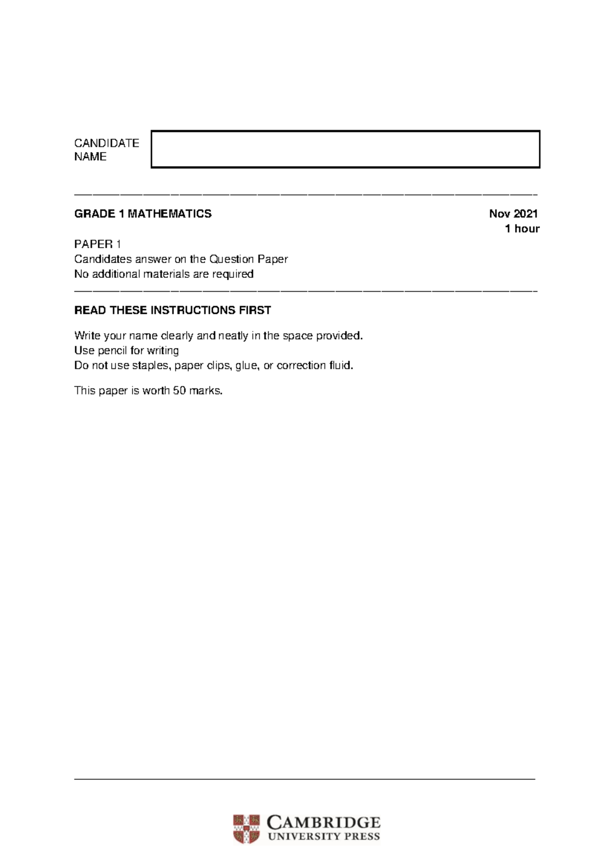 Grade 1 Mathematics Test Paper 1 - Nov 2021 (50 Marks) - Studocu