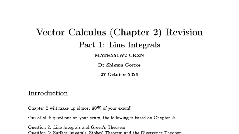 MATH251W2 Vector Calculus Revision: Line Integrals & Curves Exam Prep ...
