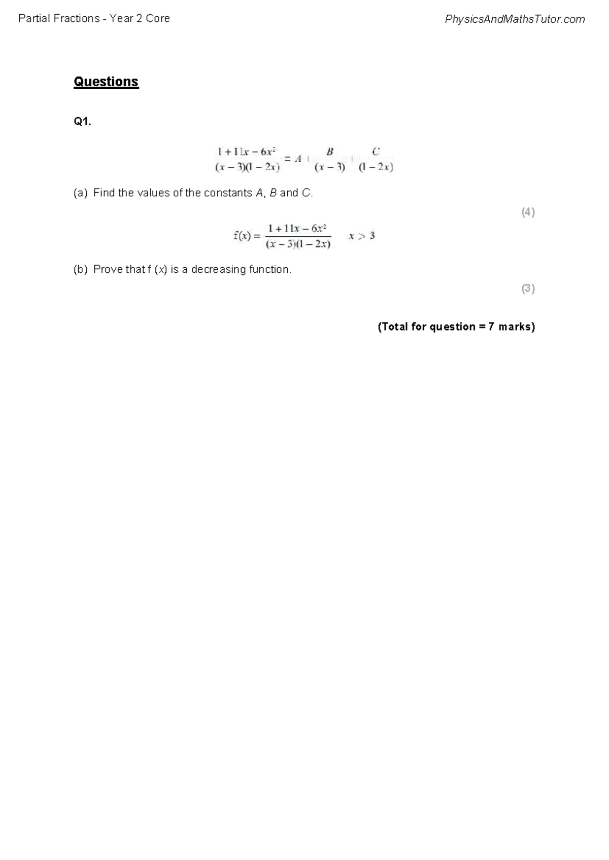 Partial Fractions Year 2 Core PhysicsAndMathsTutor.com Study Guide ...
