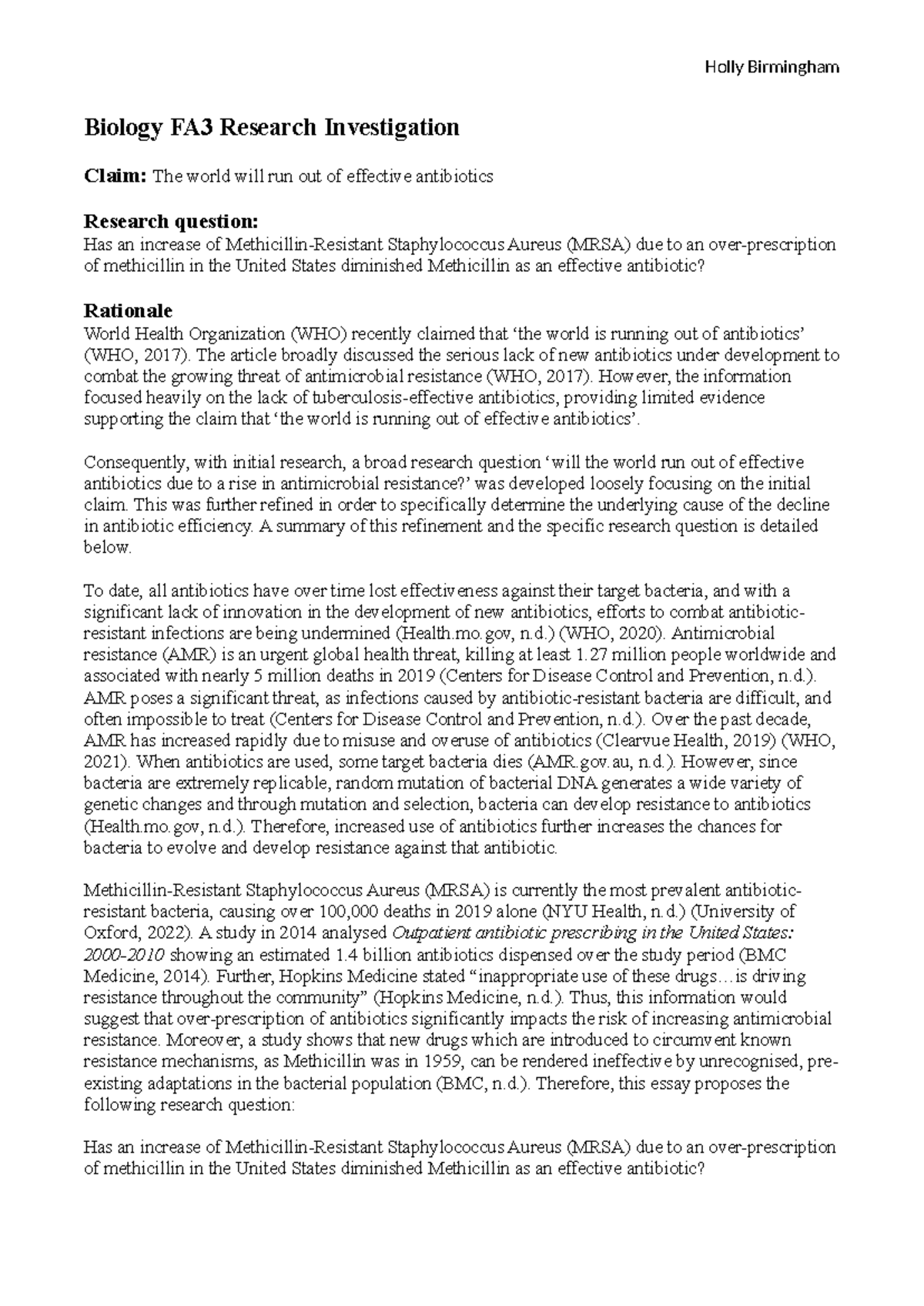 Biology FA3 Research Investigation: Impact of MRSA on Methicillin ...