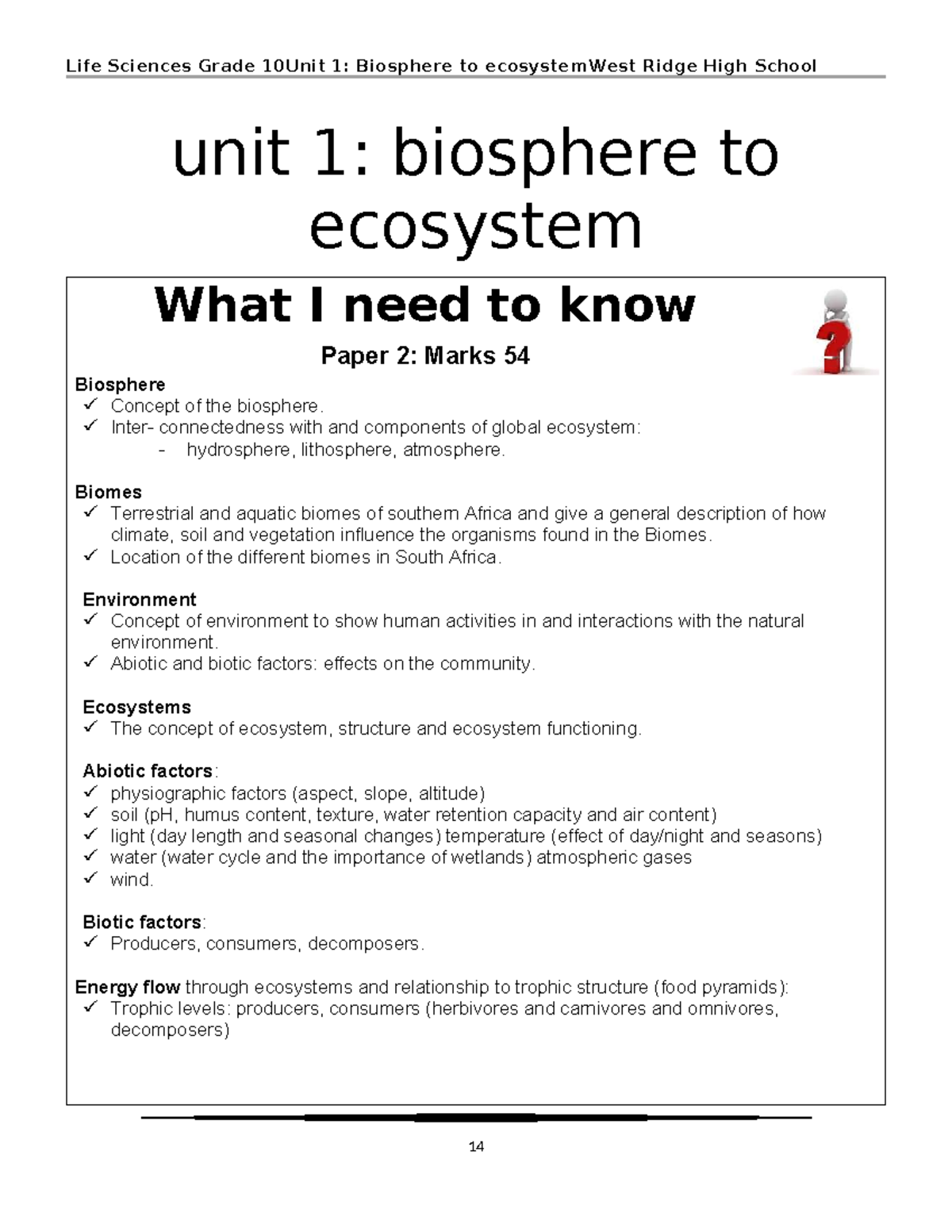 Life Sciences Grade 10: Unit 1 - Biosphere to Ecosystem Study Guide ...