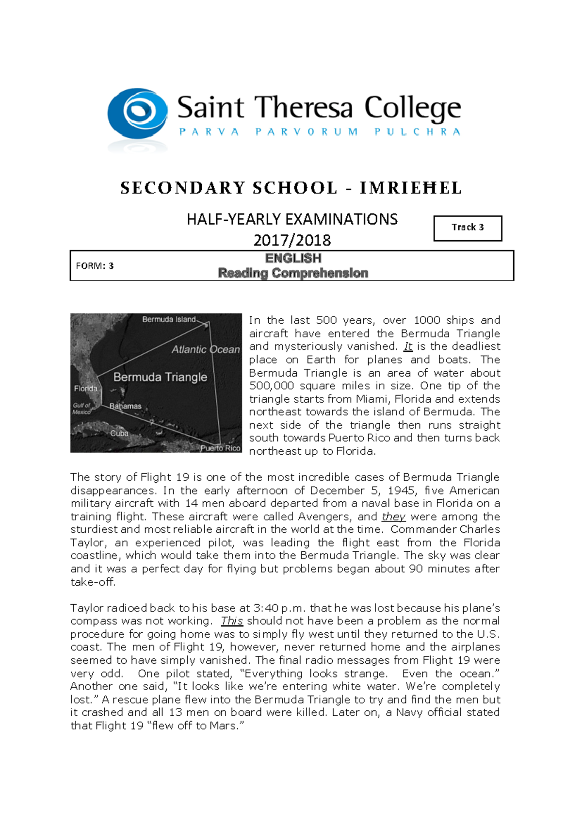 F3 English T3 Reading Comprehension: Bermuda Triangle Mystery - Studocu