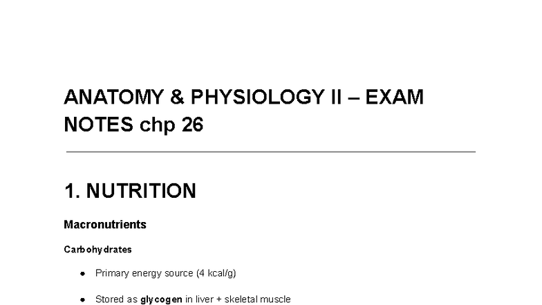ANATOMY PHYSIOLOGY II EXAM NOTES: CHAPTER 26 - NUTRITION & METABOLISM ...