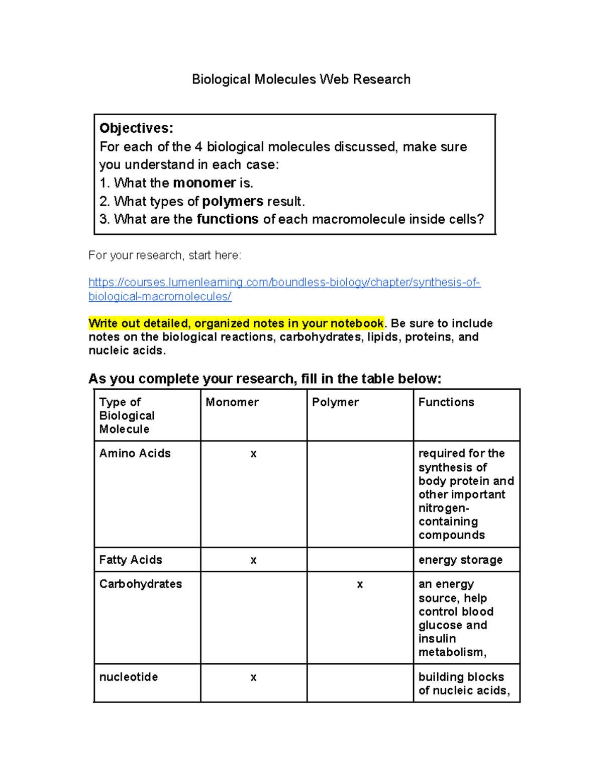 Biological Molecules Research Notes for Biology 101: Macromolecules ...