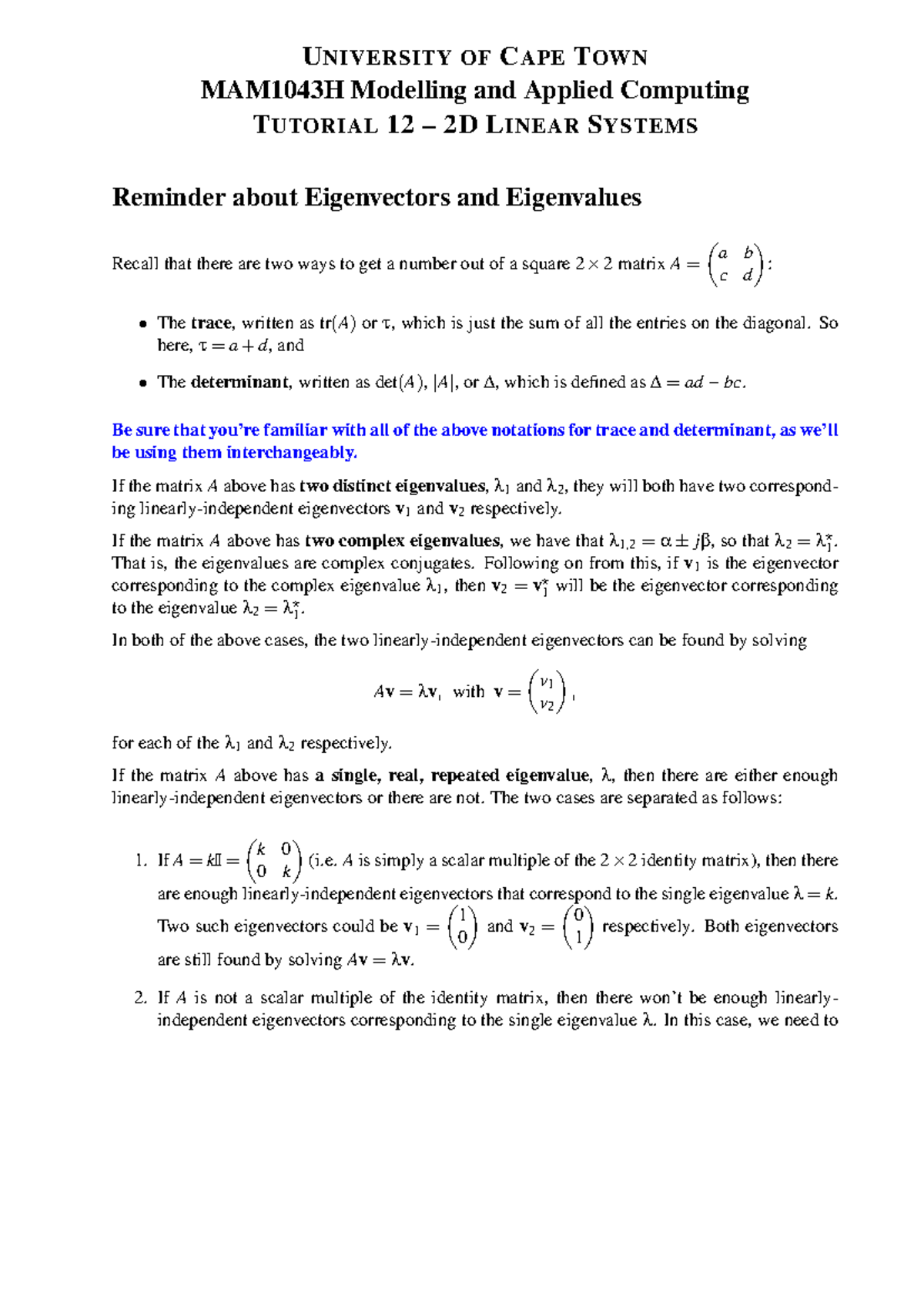 MAM1043H Tutorial 12: Eigenvectors, Eigenvalues & 2D Linear Systems - Studocu