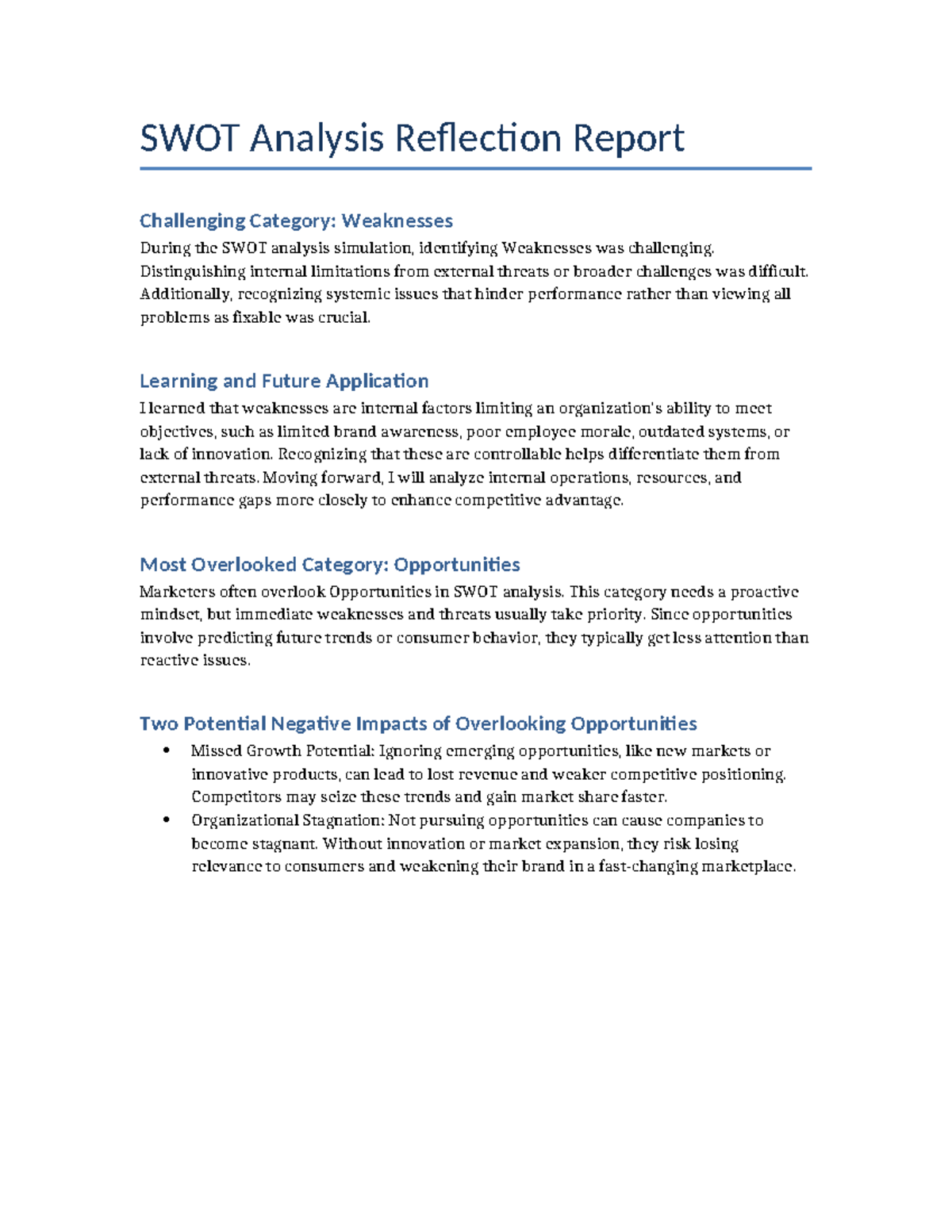 SWOT Analysis Reflection Report: Focus on Weaknesses & Opportunities ...