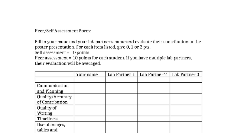 CHE133 Peer Self Assessment for Poster Presentation Evaluation - Studocu